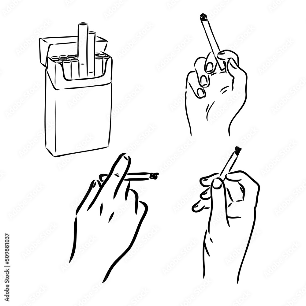 Black and white contour Male hand holding burning, smoking cigarette ...