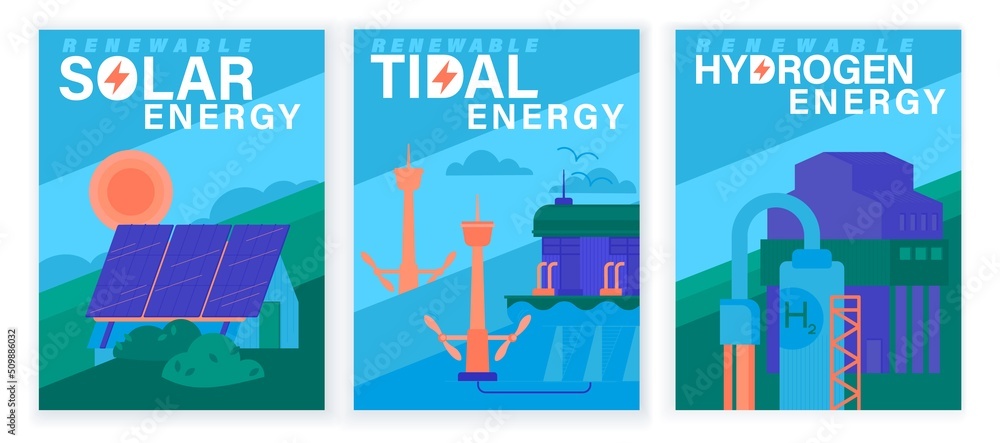 Renewable energy source posters collection. Vector illustration Stock ...