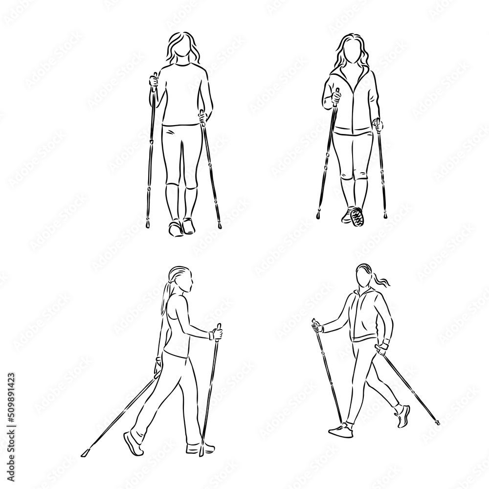 Continuous line drawing. A young woman walks on foot with walking ...