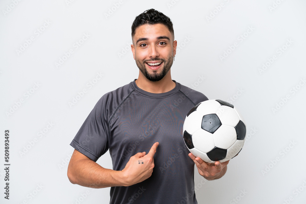 Arab young football player man isolated on white background with ...