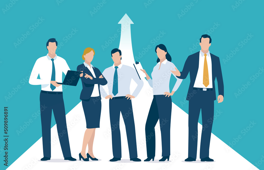 Team of five workers and arrow sign. Together towards success and ...