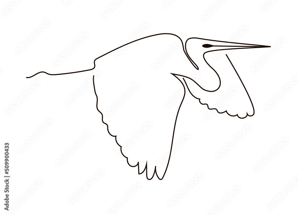 Crane bird in flight. Logo. Drawing in one line style. The bird is ...