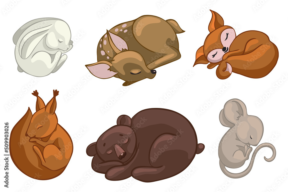 Set of sleeping forest animals.Cartoon vector graphics. Stock Vector ...