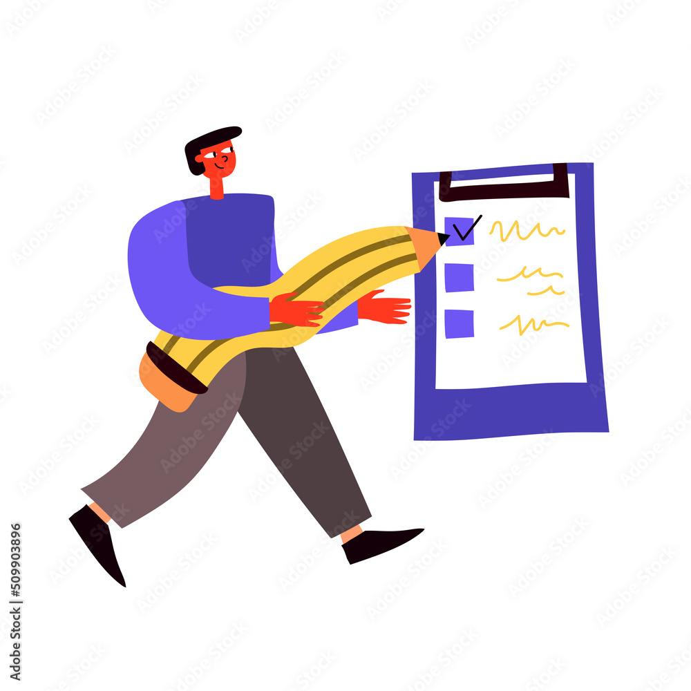Check list, survey hand drawn vector illustration. Project manager, man ...