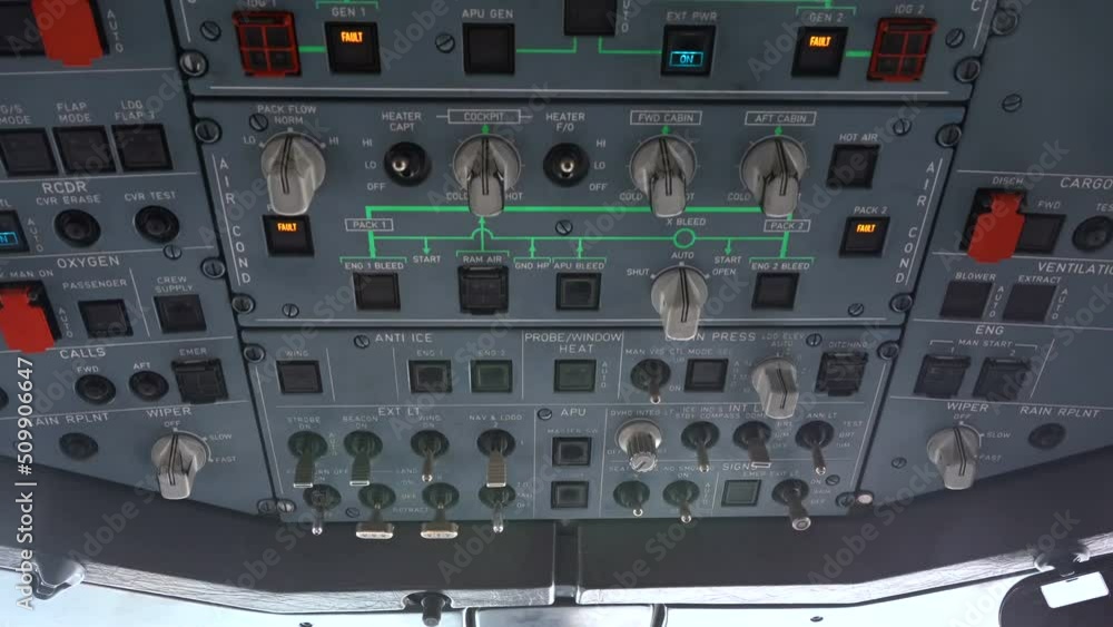 Aircraft cockpit. Hand switches toggles. Upper control panel. Cockpit ...