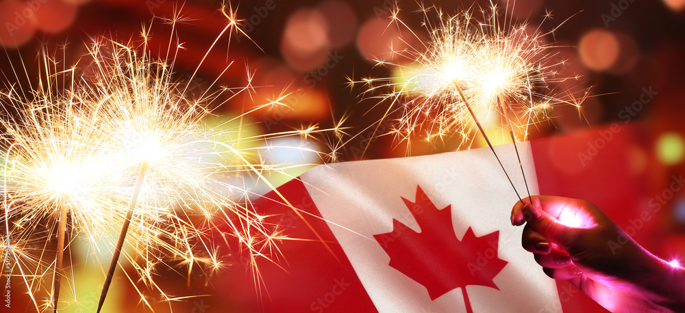 Collage with Canadian flag and sparklers. Canada Day celebration Stock ...