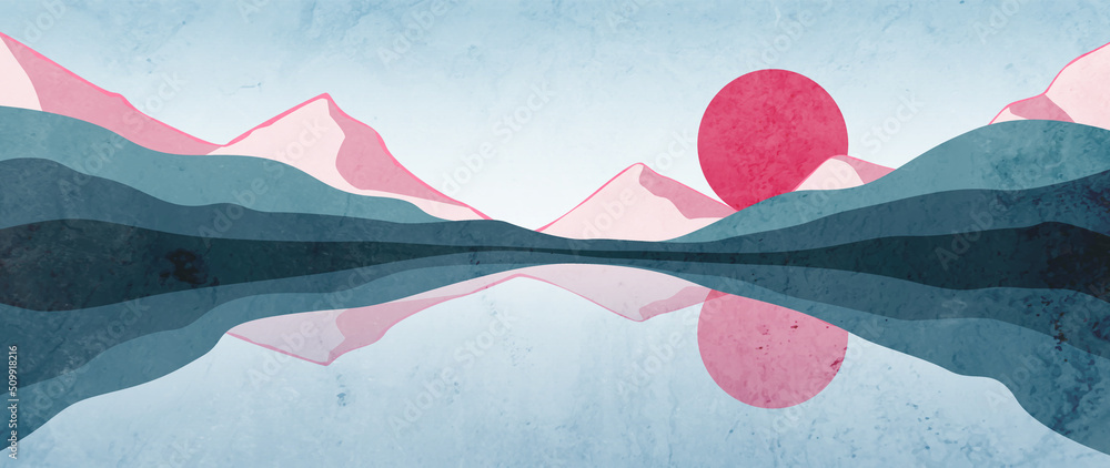 Abstract landscape art background with mountains and hills on the sea ...