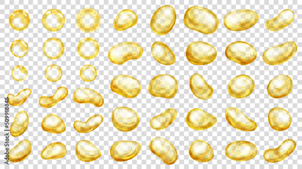Set of realistic translucent water drops in yellow colors in various ...