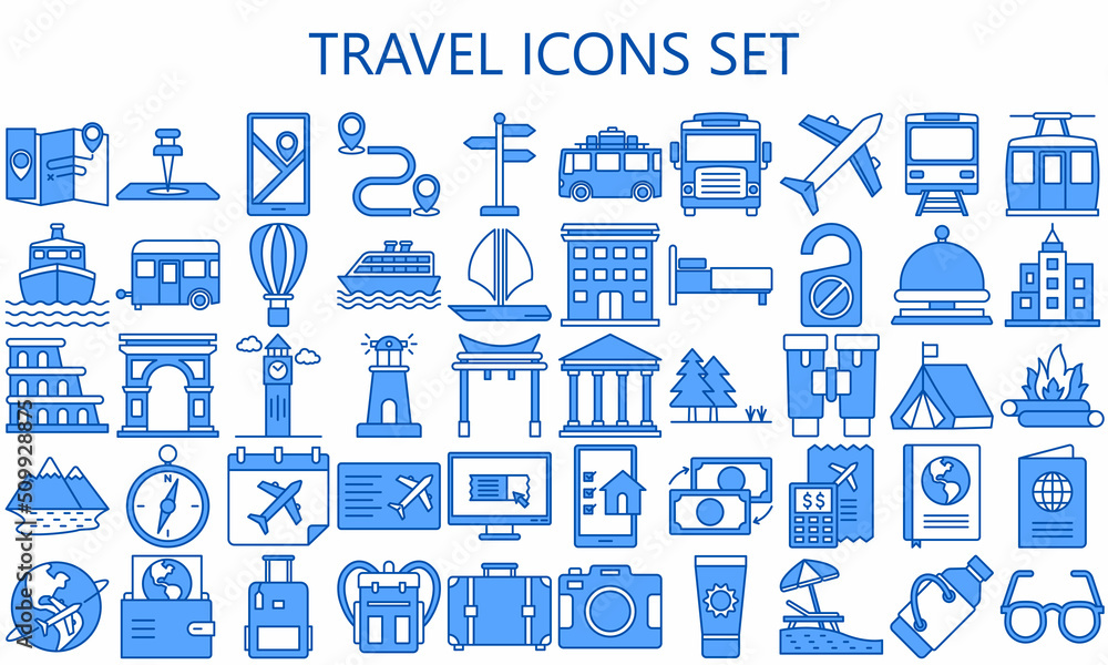 Tour and travel blue color icons. Contains such Icons as World Map ...