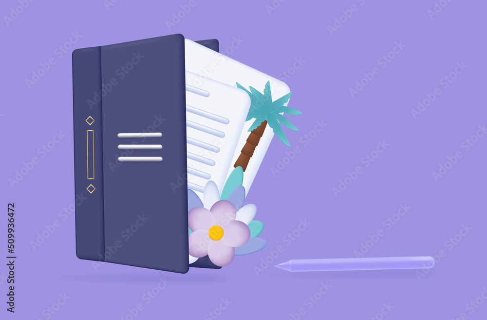 3d diary plan or workbook. Vector banner of filling goals and daily ...