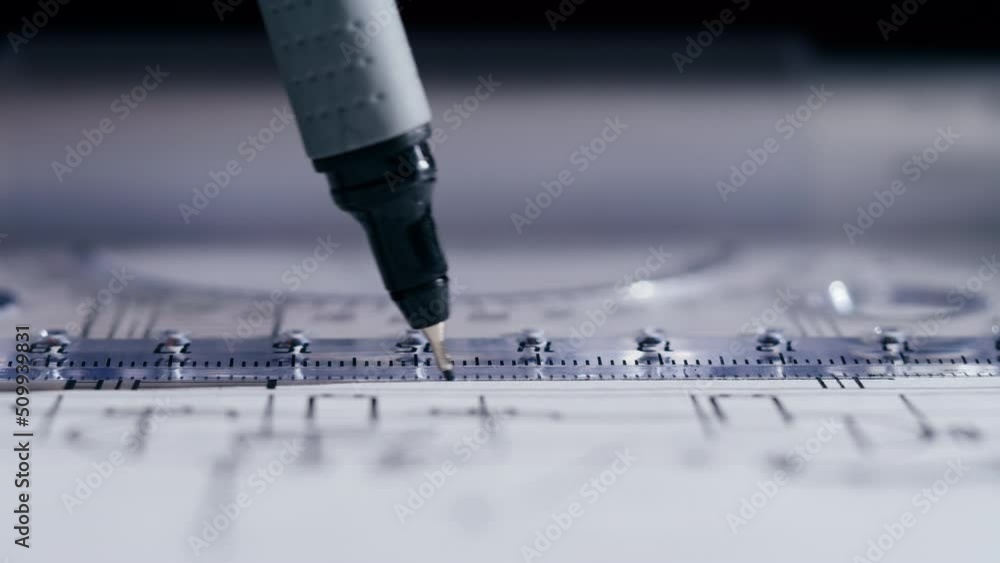 Liner thin marker, plan blueprint close-up. Architect designer drawing ...