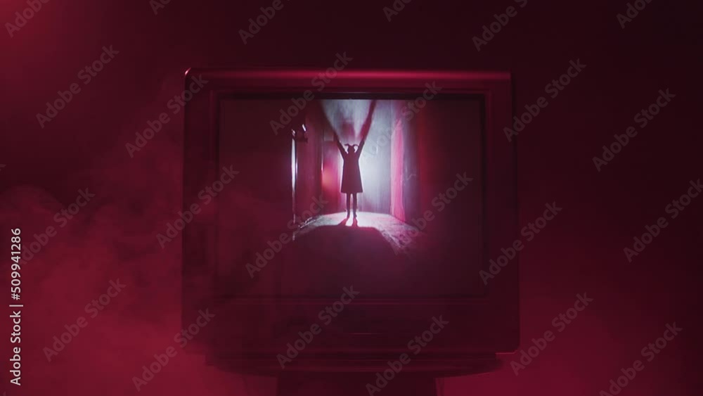 Horror film. Old tv screen with devil close-up. Creepy exorcist with ...