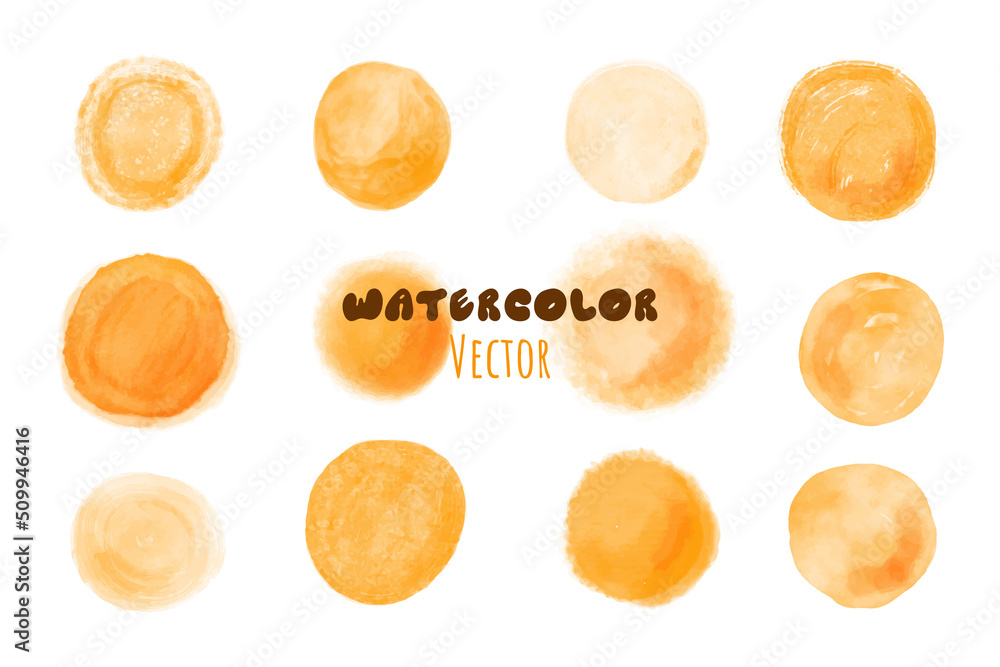 Yellow watercolor circle stain set. Aquarelle orange spots. Round shape ...