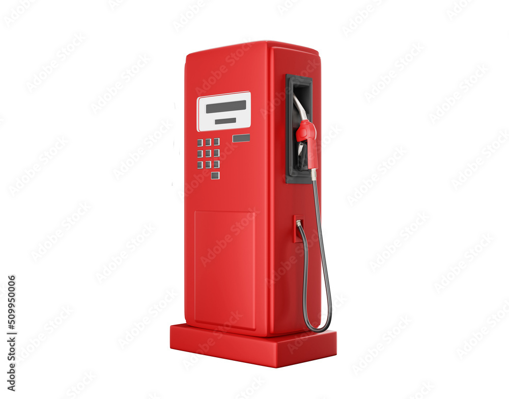 3D rendering of a red gas pump in side view. cut apart on a white ...
