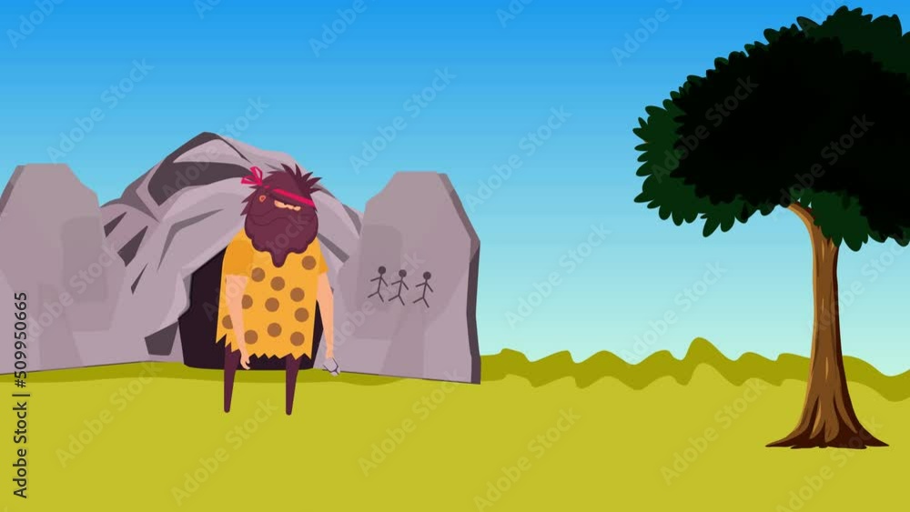 Caveman drawing on a stonewall flat character animation. Prehistoric ...