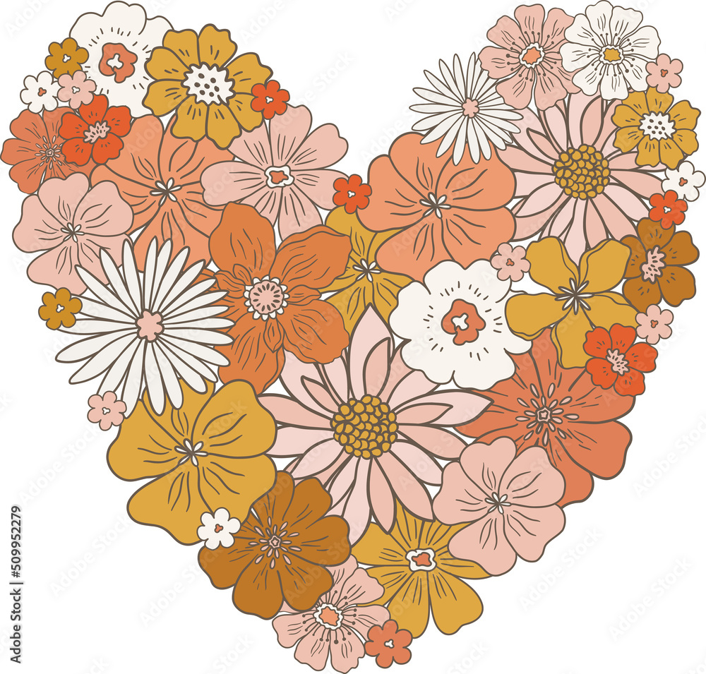 Retro hand drawn outline flowers clipart, vintage groovy 70s ...