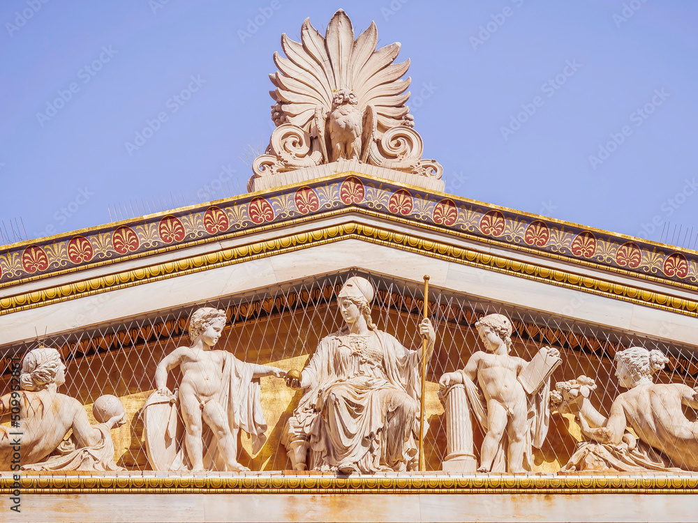 The east gable of the National University of Athens, Greece. Athena ...