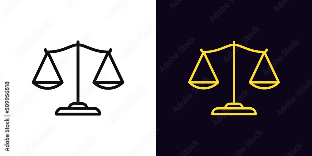 Outline justice scales icon, with editable stroke. Judge scales sign ...