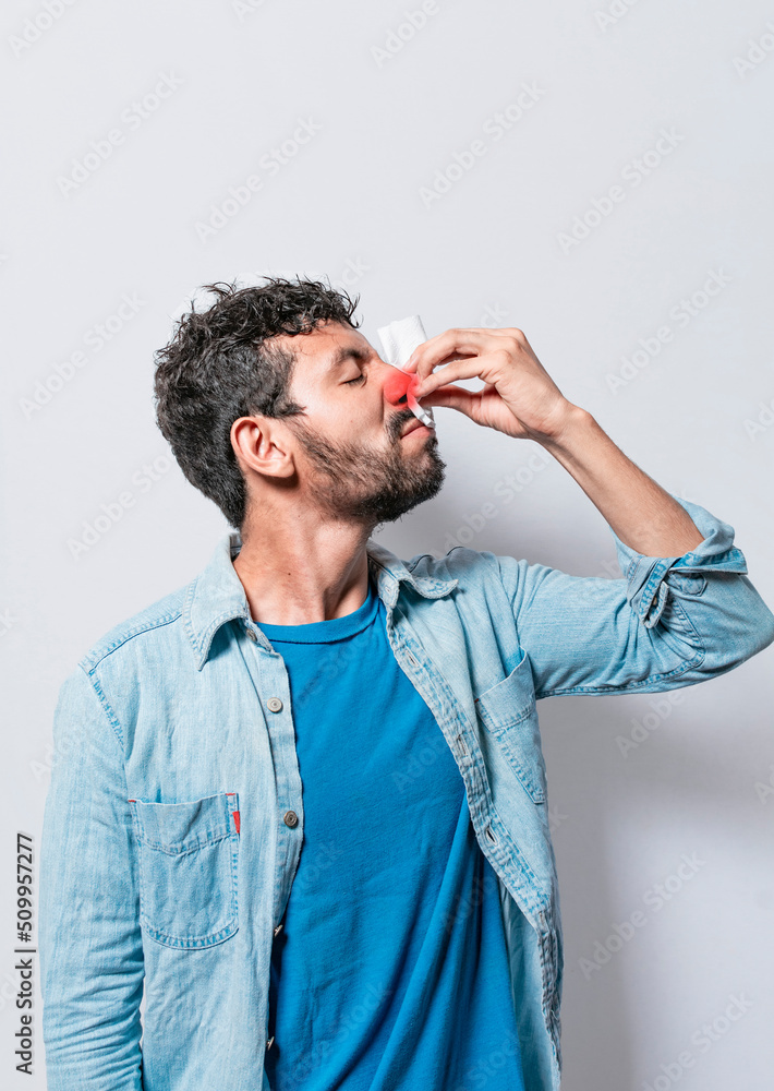 Person with nasal congestion, Person with irritated nose on isolated ...