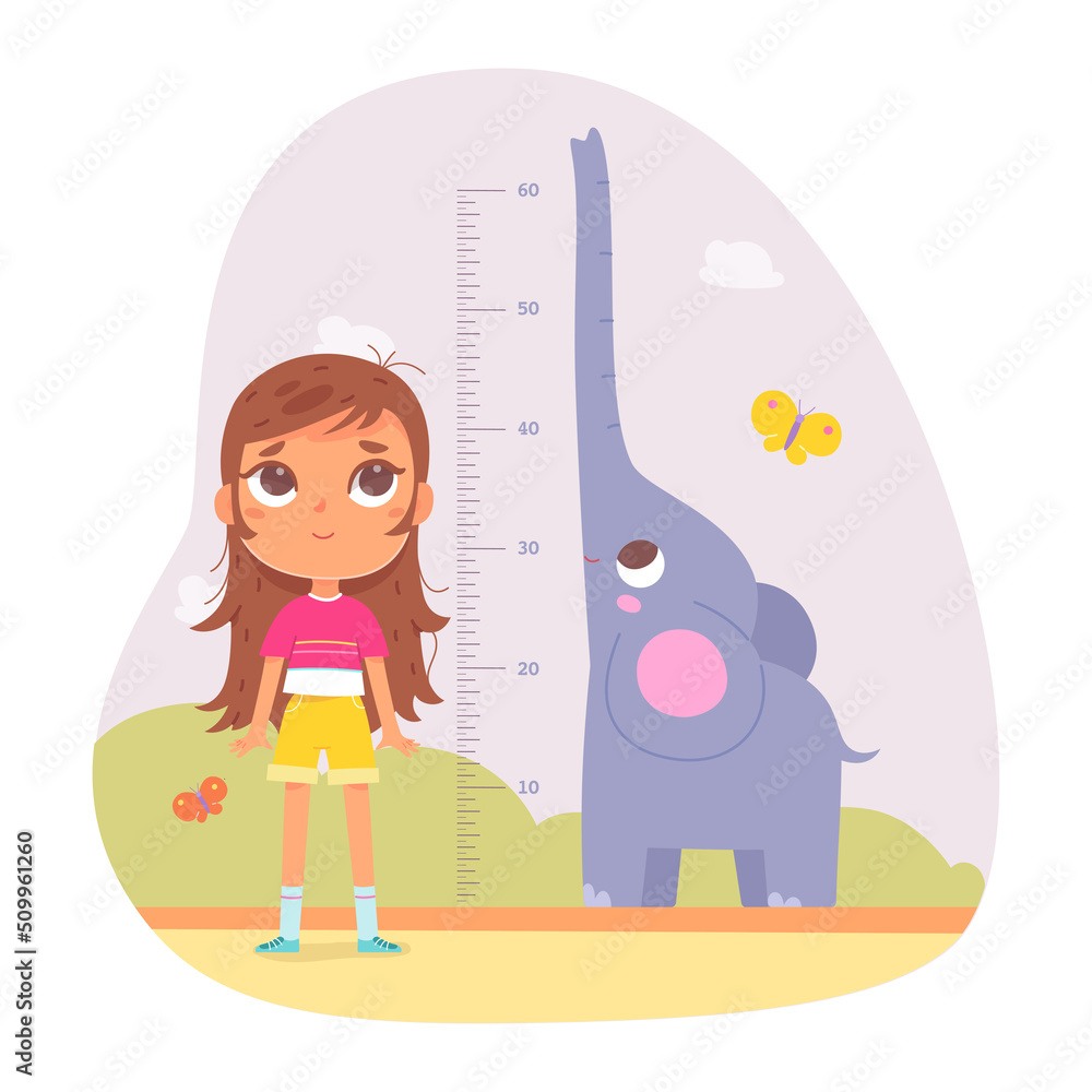 Girl measuring height with inch ruler chart vector illustration ...