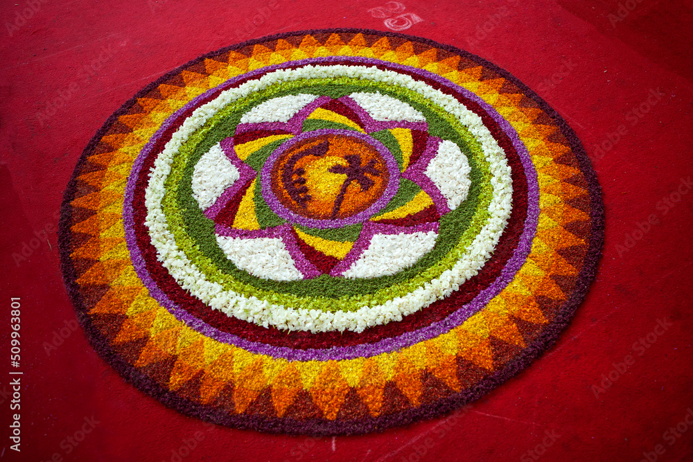 Closeup of an Onam pookalam or Athappokkalam,( floral carpet)typical ...