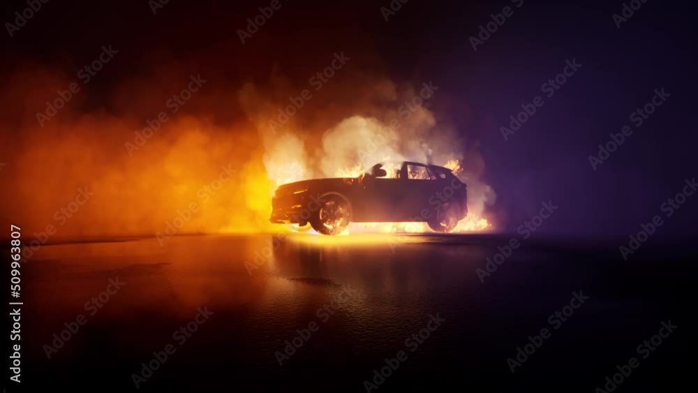 Burning car on a dark background with smoke. Insurance accident. Staged ...