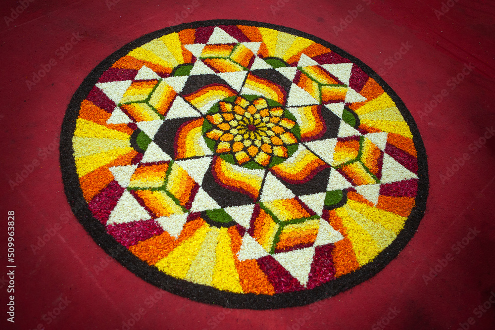 Closeup of an Onam pookalam or Athappokkalam,( floral carpet)typical ...