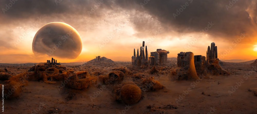 Alien desert world with ruins in the background and a close moon with ...