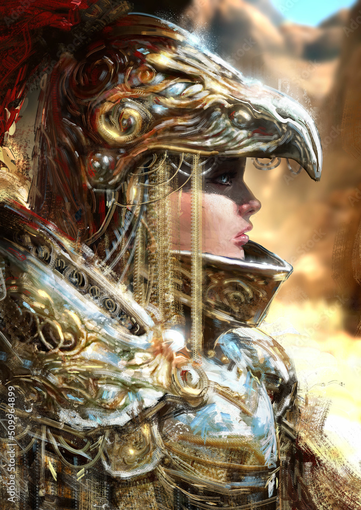 A beautiful oracle woman in a heavy knight's armor of gold and silver ...