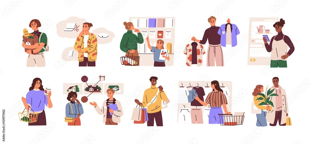 People shoppers choosing goods in retail stores set. Customers deciding ...