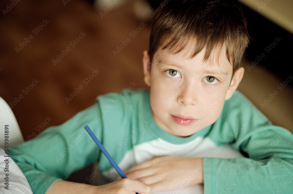 cute and smiling cucasian boy draws with colored pencils while sitting ...