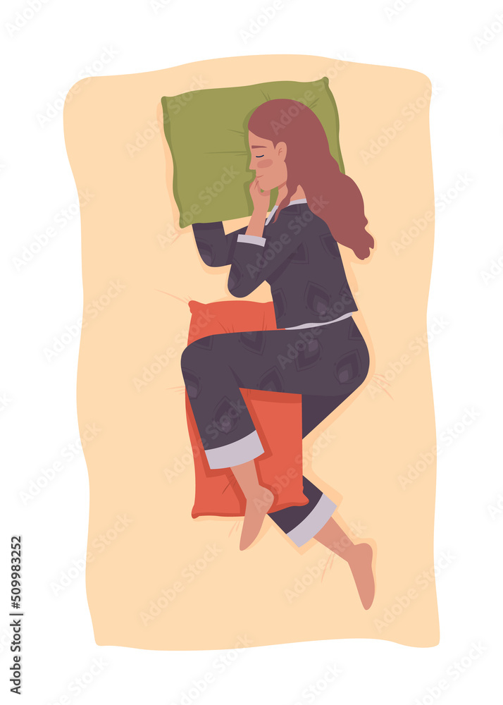 Sleeping with pillow between legs 2D vector isolated illustration ...