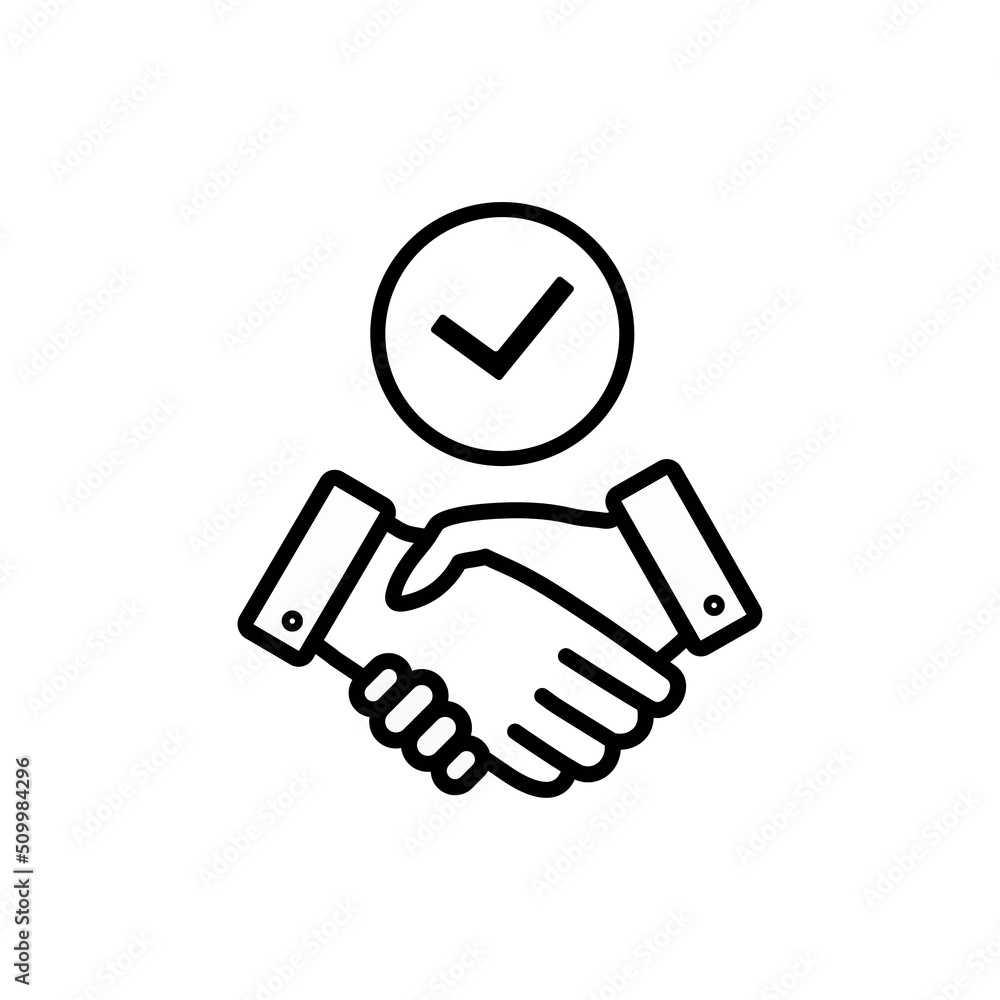 Commitment isolated vector outline icon. Handshake with tick modern ...