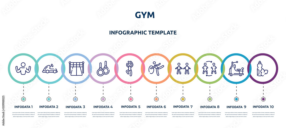 gym concept infographic design template. included bodybuilder, go kart ...
