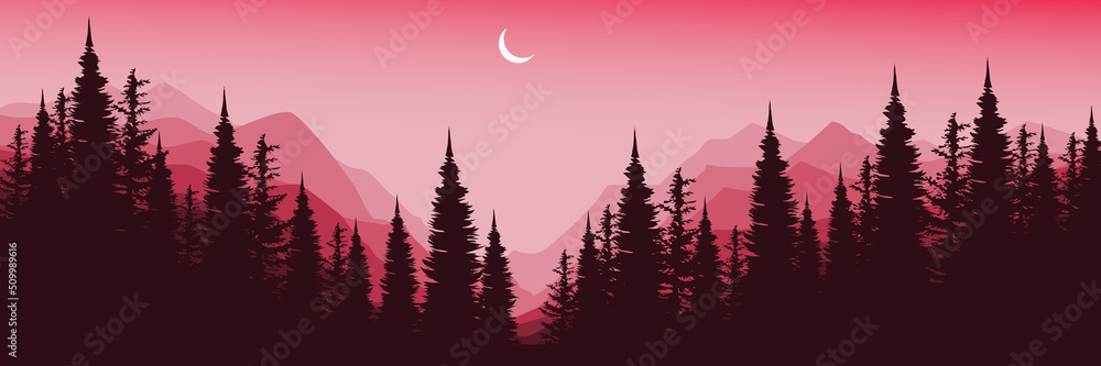 moonrise at mountain landscape with tree silhouette vector illustration ...