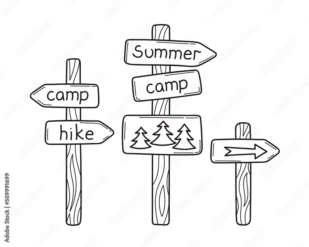 Set of wooden signposts on a tourist route in doodle hand drawn. Way ...