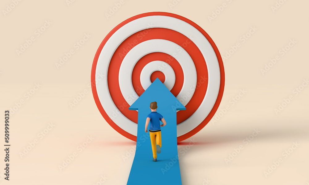 Cartoon style character running up a direction arrow to a target. 3D ...