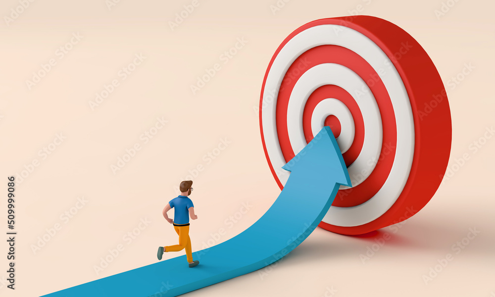Cartoon style character running up a direction arrow to a target. 3D ...