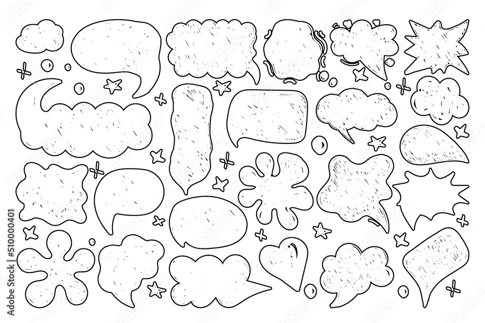 A set of speech bubbles with hand-drawn dialogue words in doodle style ...