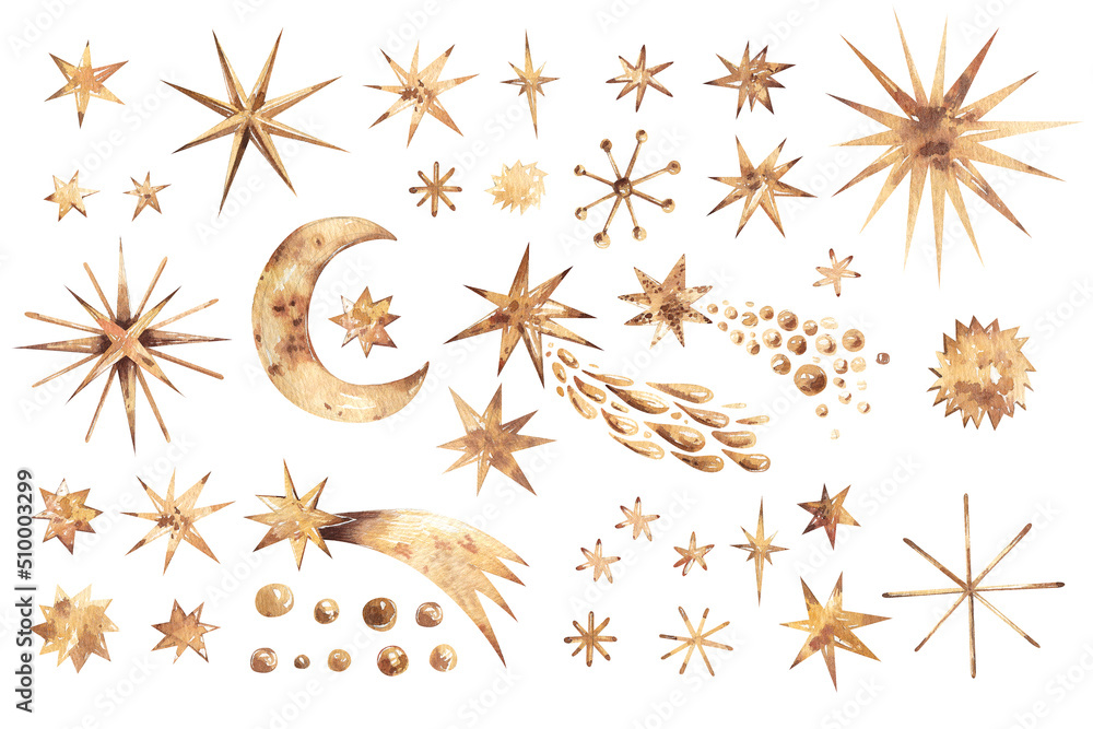 Set of golden stars isolated on white background. Hand draw watercolor ...