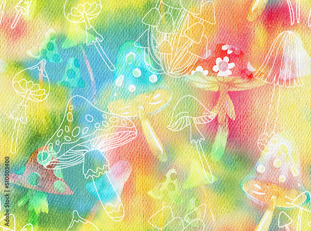 Rainbow seamless background with mushrooms and watercolor gradients in ...