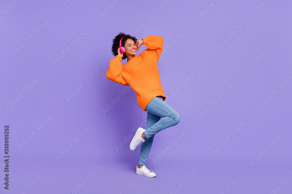 Full length body size view of attractive dreamy cheery girl listening ...