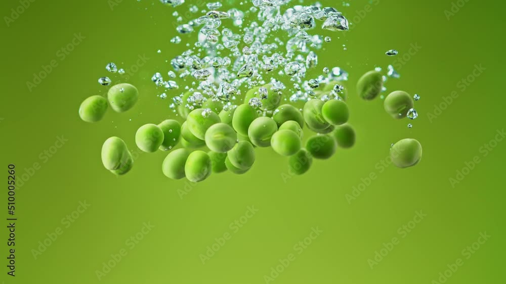 Green Peas Falling into Water and Making Air Bubbles in Slow Motion on ...