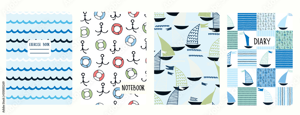 Set of cover page templates with sailing boats, night cosmic sky, and ...