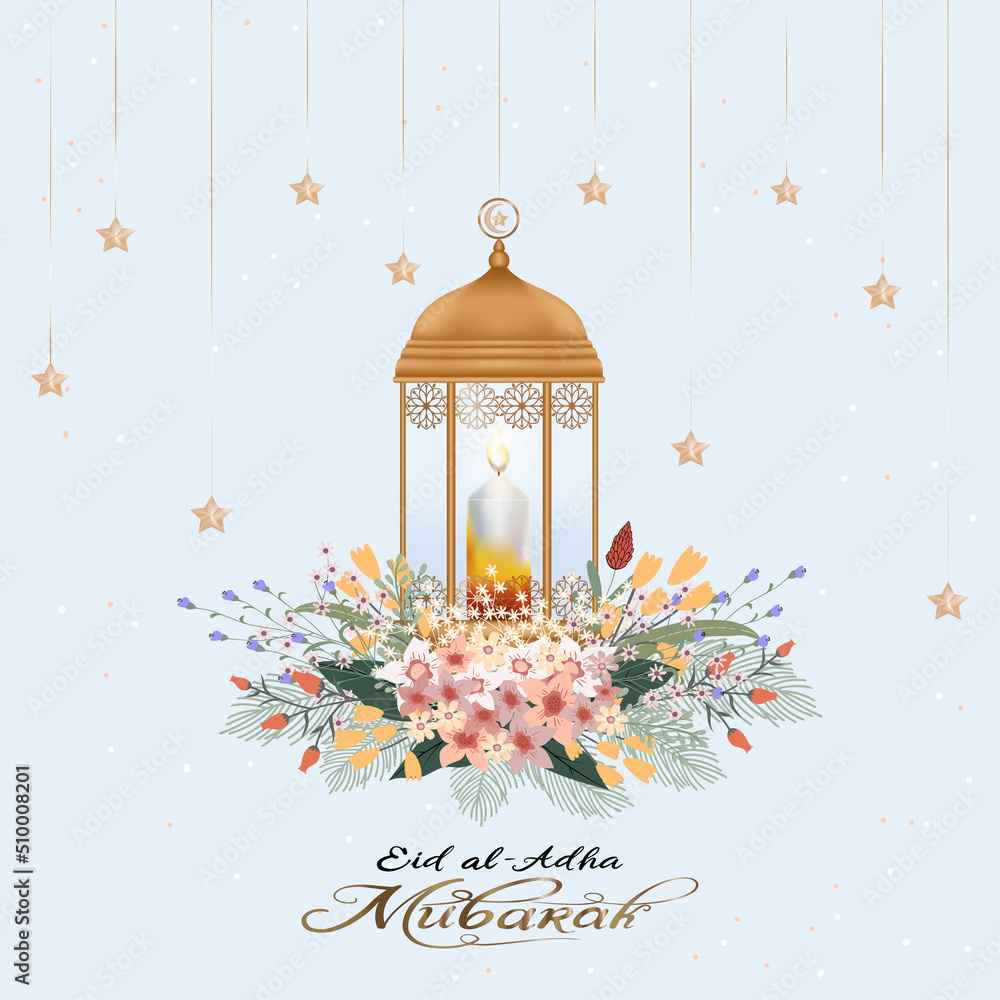Eid al Adha Mubarak greeting design with Crescent Moon and Star hanging ...