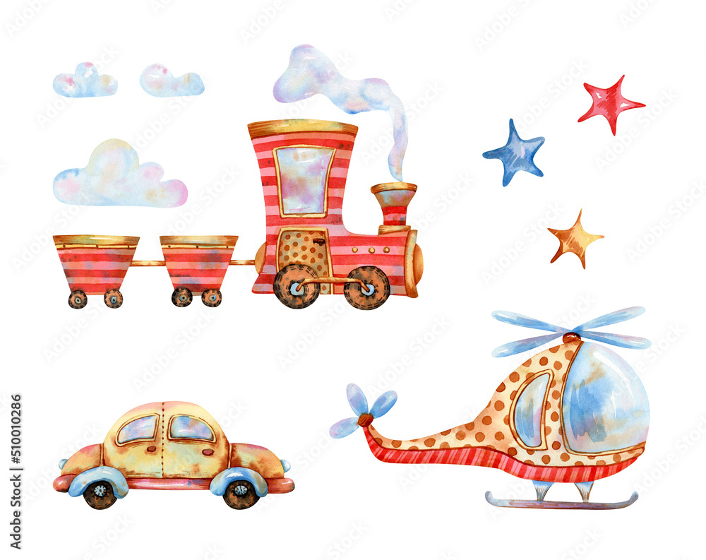 Watercolor kids toys set. Train with steam, Locomotive, helicopter ...