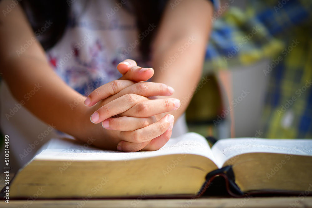 Little asian girl praying and worship to GOD in the morning. Little ...