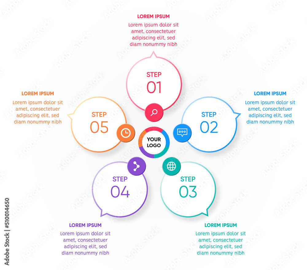 Circle steps infographic design. Colorful infographic layout. 5 circles ...