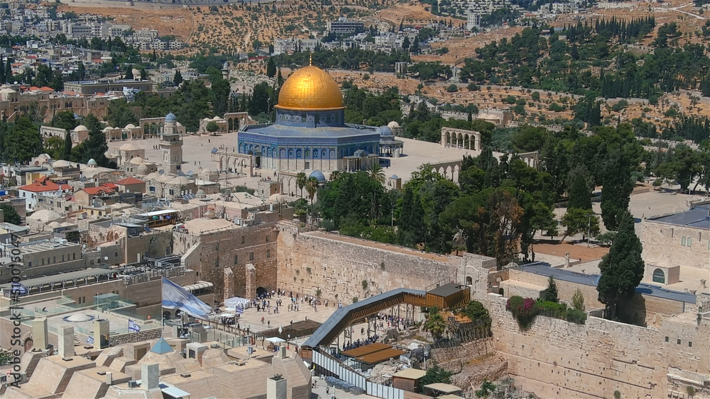 Golden dome of the rock and the western wall, aerial view Jerusalem al ...