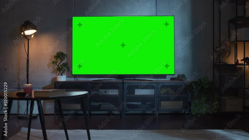Stylish Loft Apartment Interior with TV Set with Green Screen Mock Up ...
